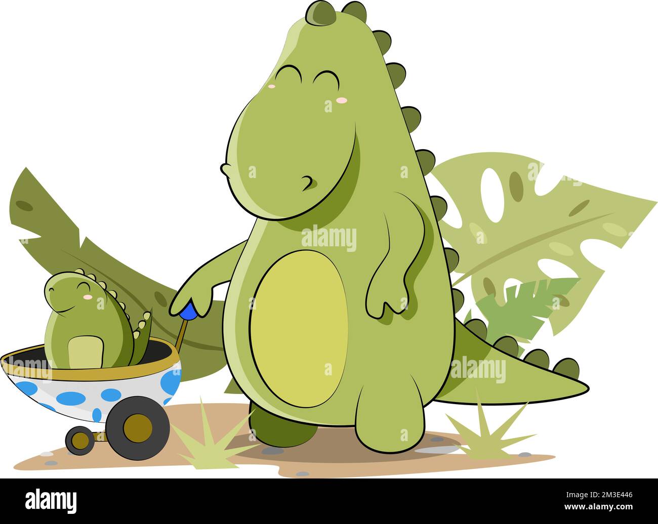 Dinosaur dad walks with baby in the park in a stroller Stock Vector ...