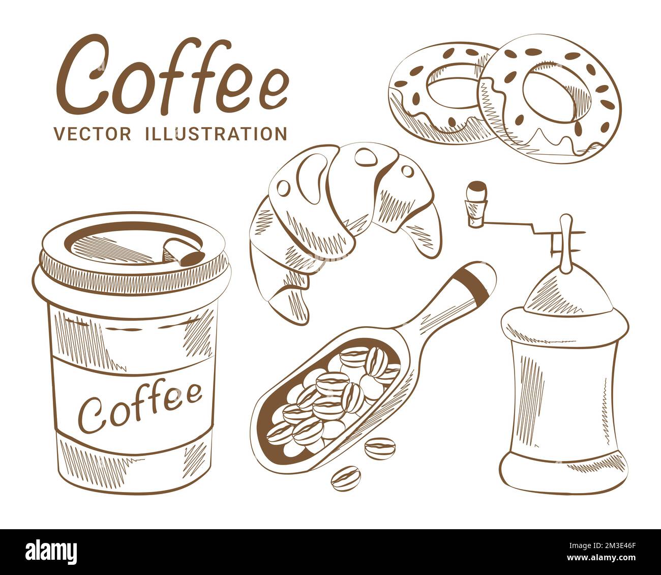 Coffee sketch set hand drawing vector takeaway coffee croissant Stock ...