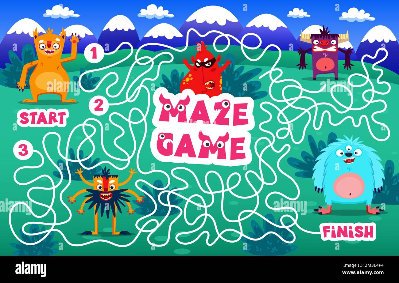 Labyrinth maze monster characters. Kids vector board game help mutant ...