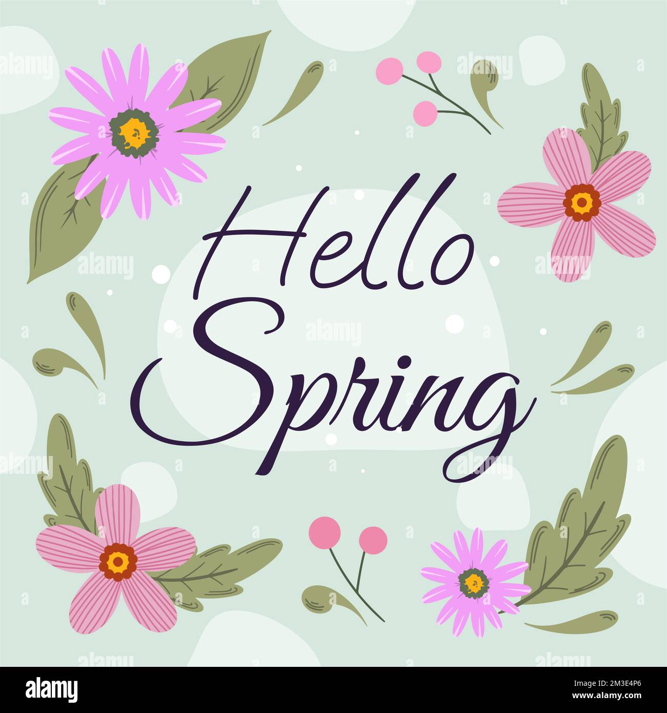 lettering hello spring on background with flowers and leaves in hand ...