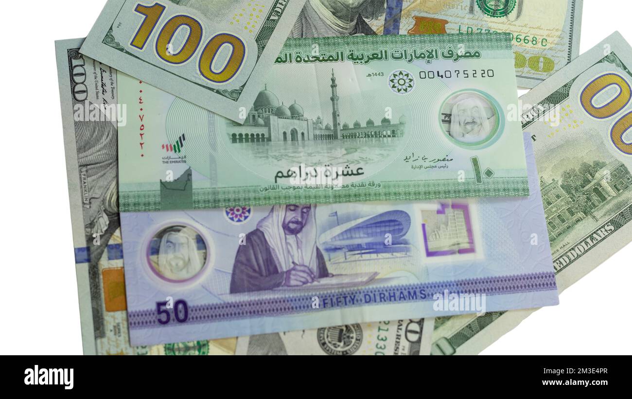 New polymer bank notes of UAE with new US dollar bills Stock Photo - Alamy