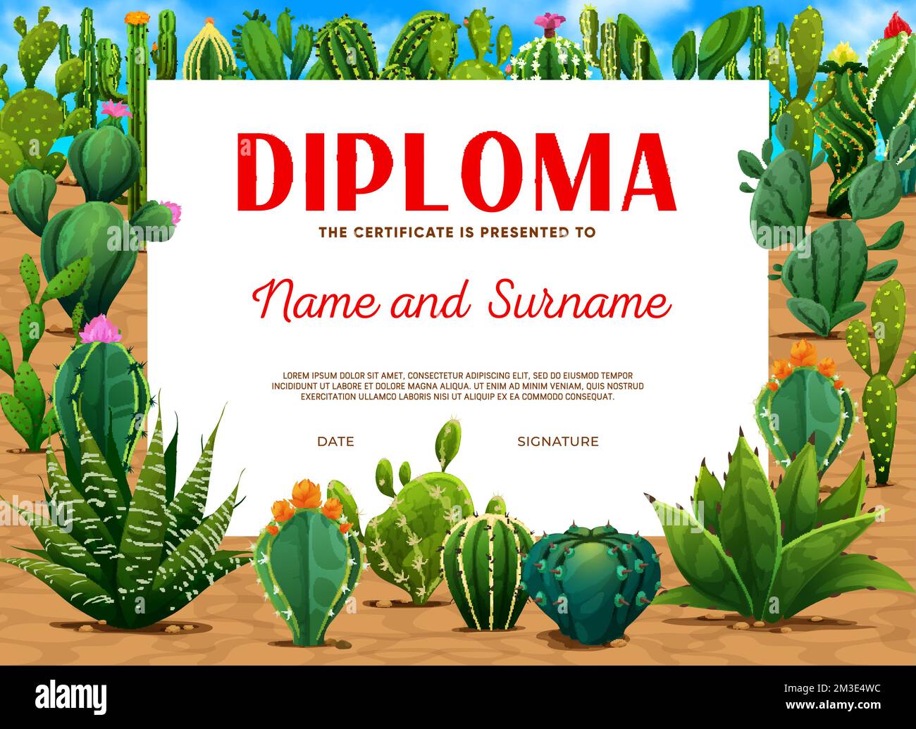 Kids diploma mexican prickly cactus succulents. Vector education school ...