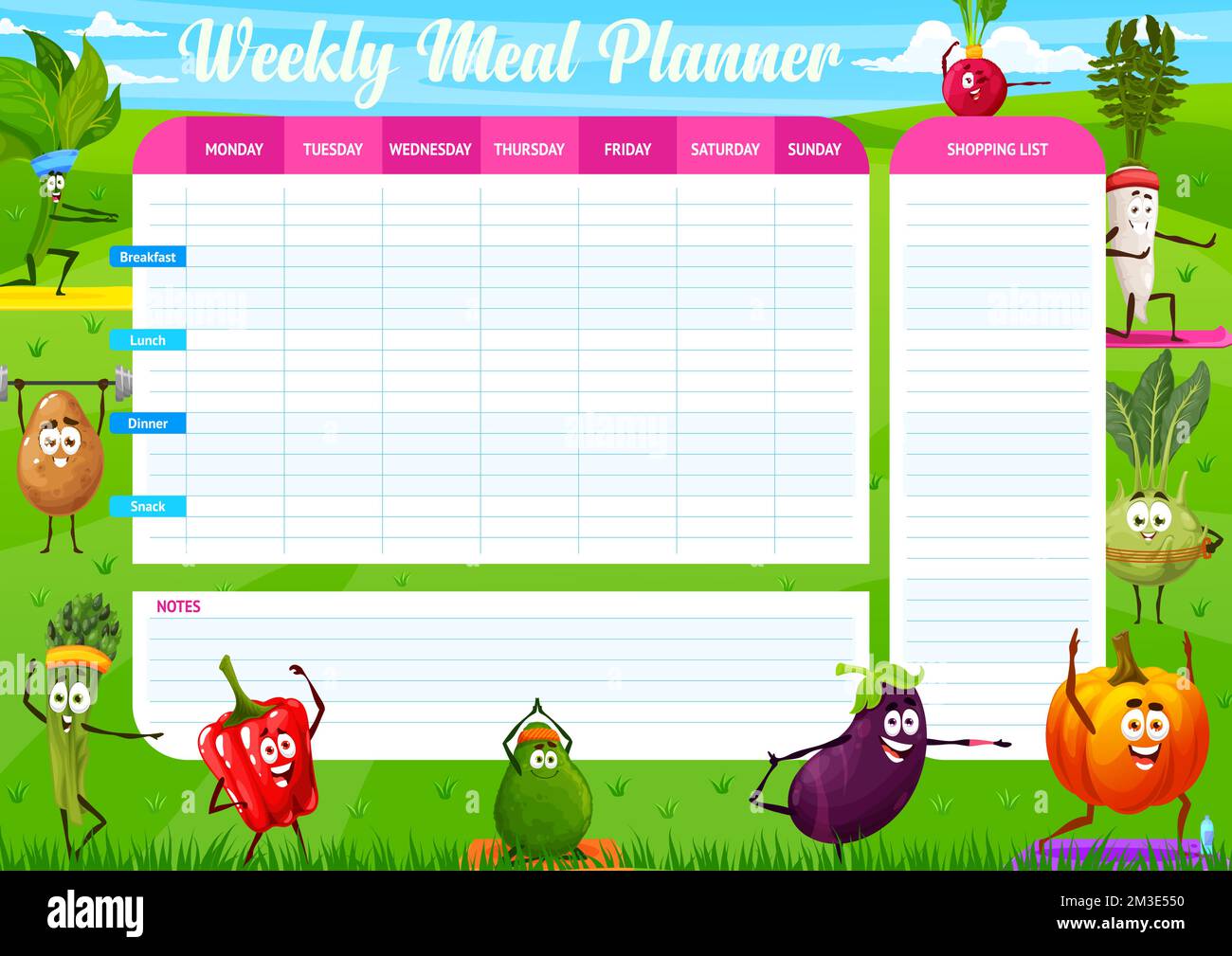 Cartoon cheerful vegetables on yoga sport on weekly meal planner ...