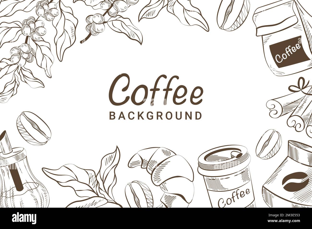 background coffee hand drawings coffee leaves grains and takeaway cup ...