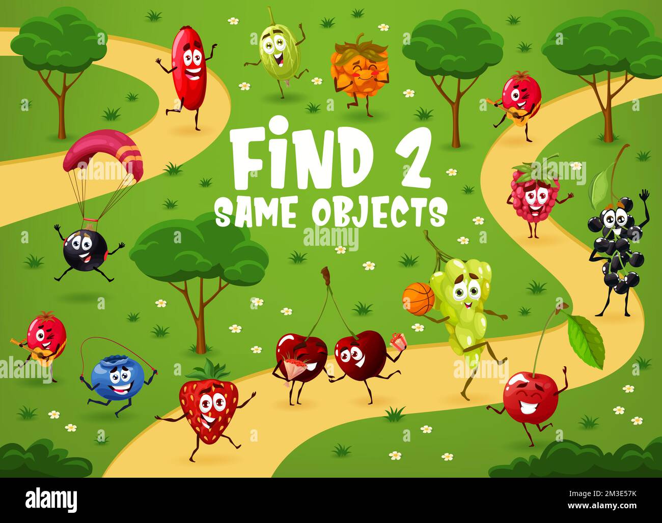 Find two same objects. Cartoon cheerful berry character on summer ...