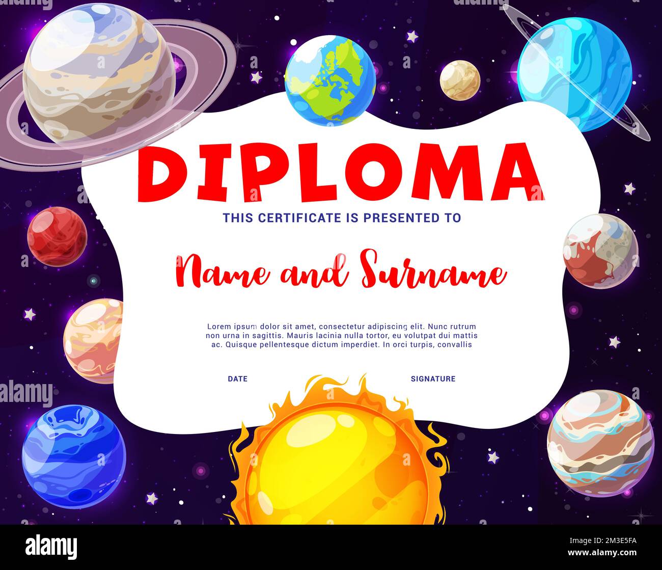 Kids diploma cartoon solar system and space planets. Education school certificate, vector award ...