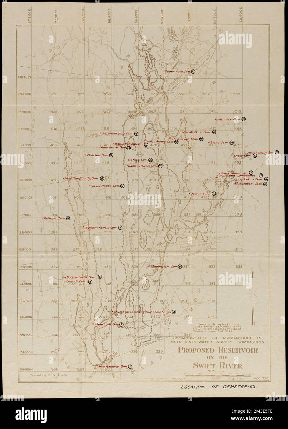 Location of cemeteries, drawn over map of proposed reservoir on the ...