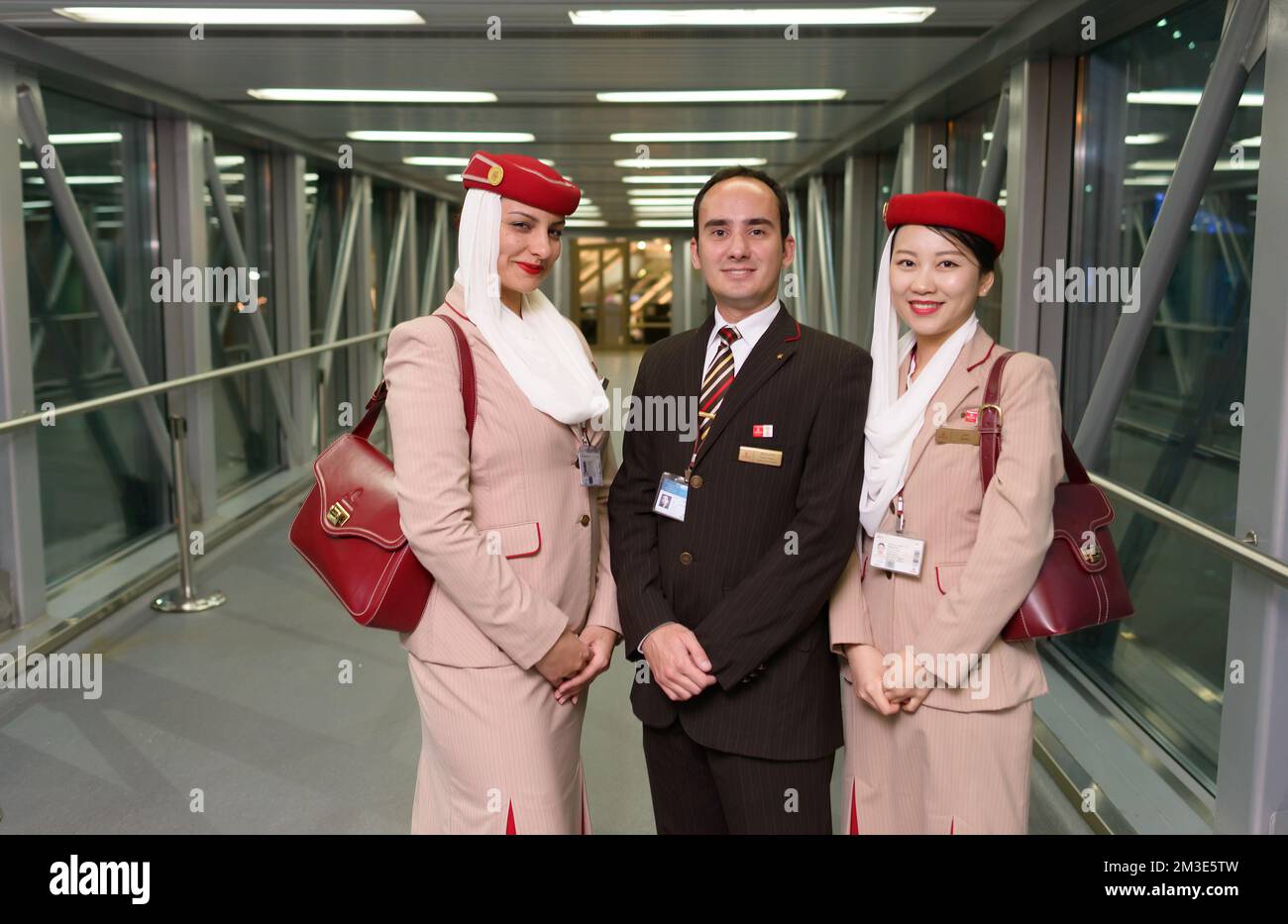 MOSCOW -JUNE 04: Emirates crew members after landing on June 04, 2014 ...