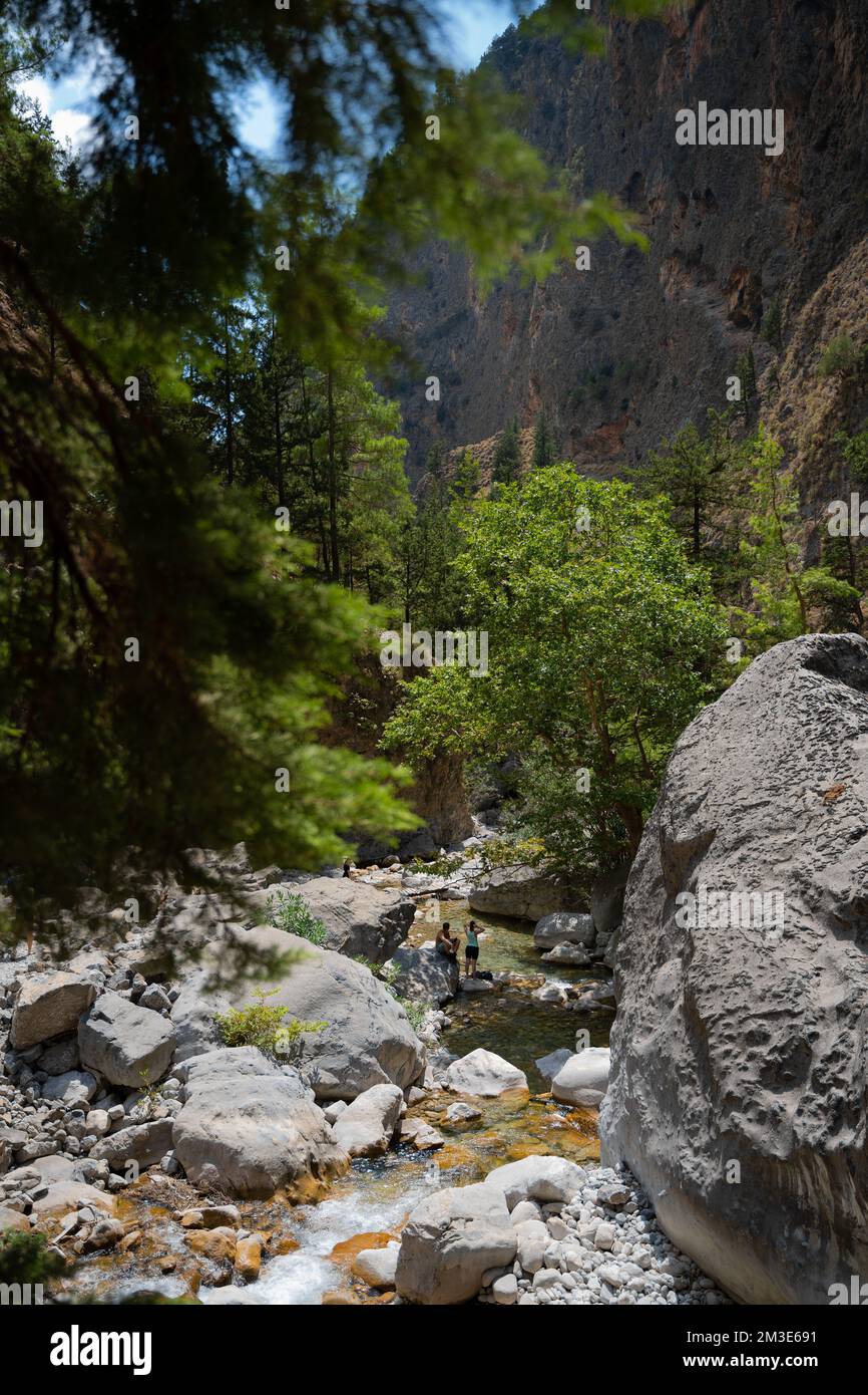 A vertical shot of the Samaria Gorge near Lakki, Crete, a small river ...