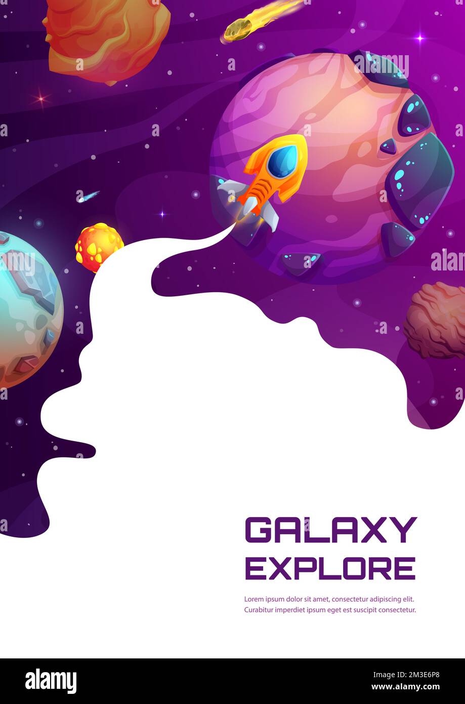 Landing page space. Cartoon starship in universe, space planets and ...