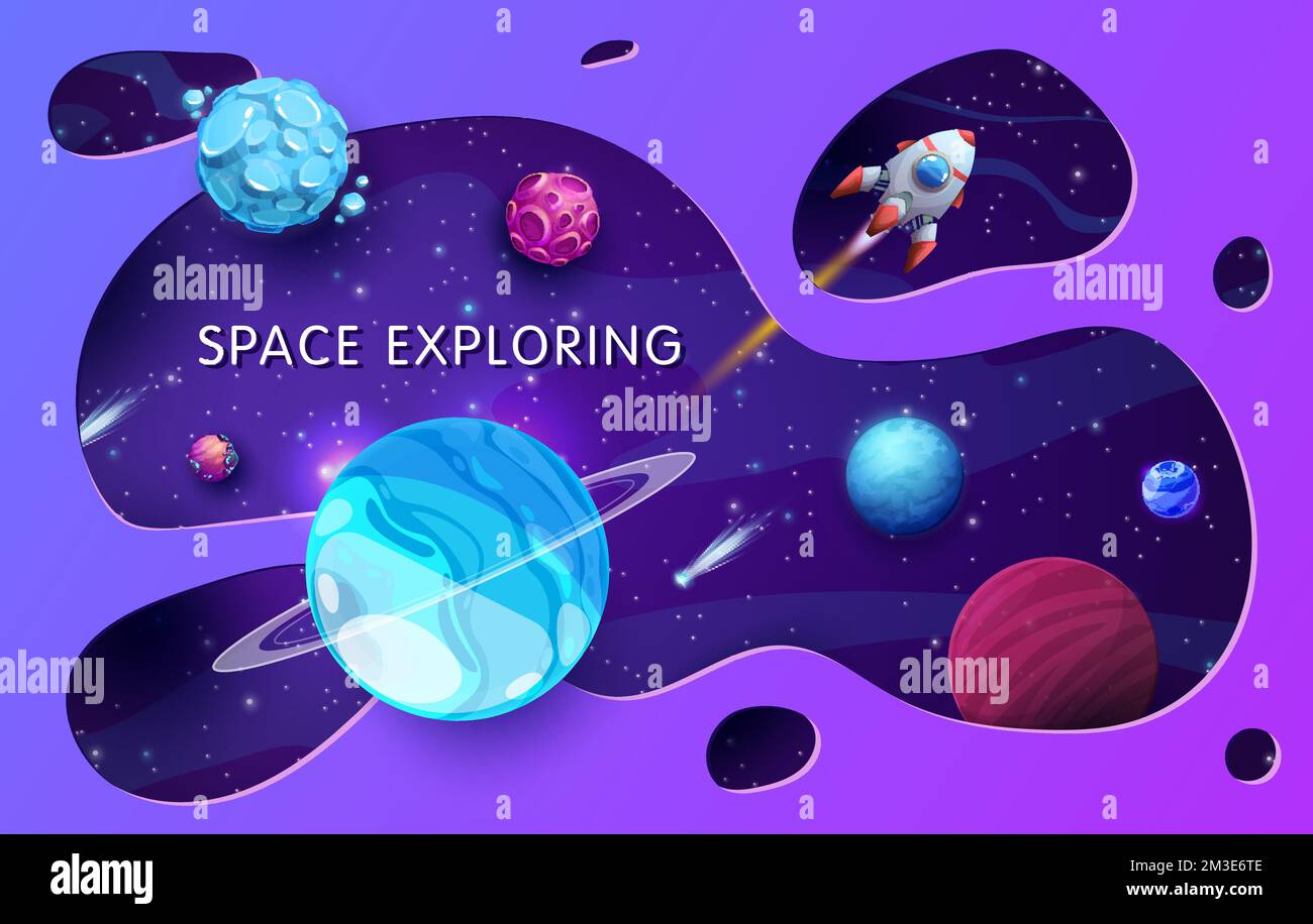 Paper cut space landscape. Starry galaxy planets and spaceship. Galaxy ...
