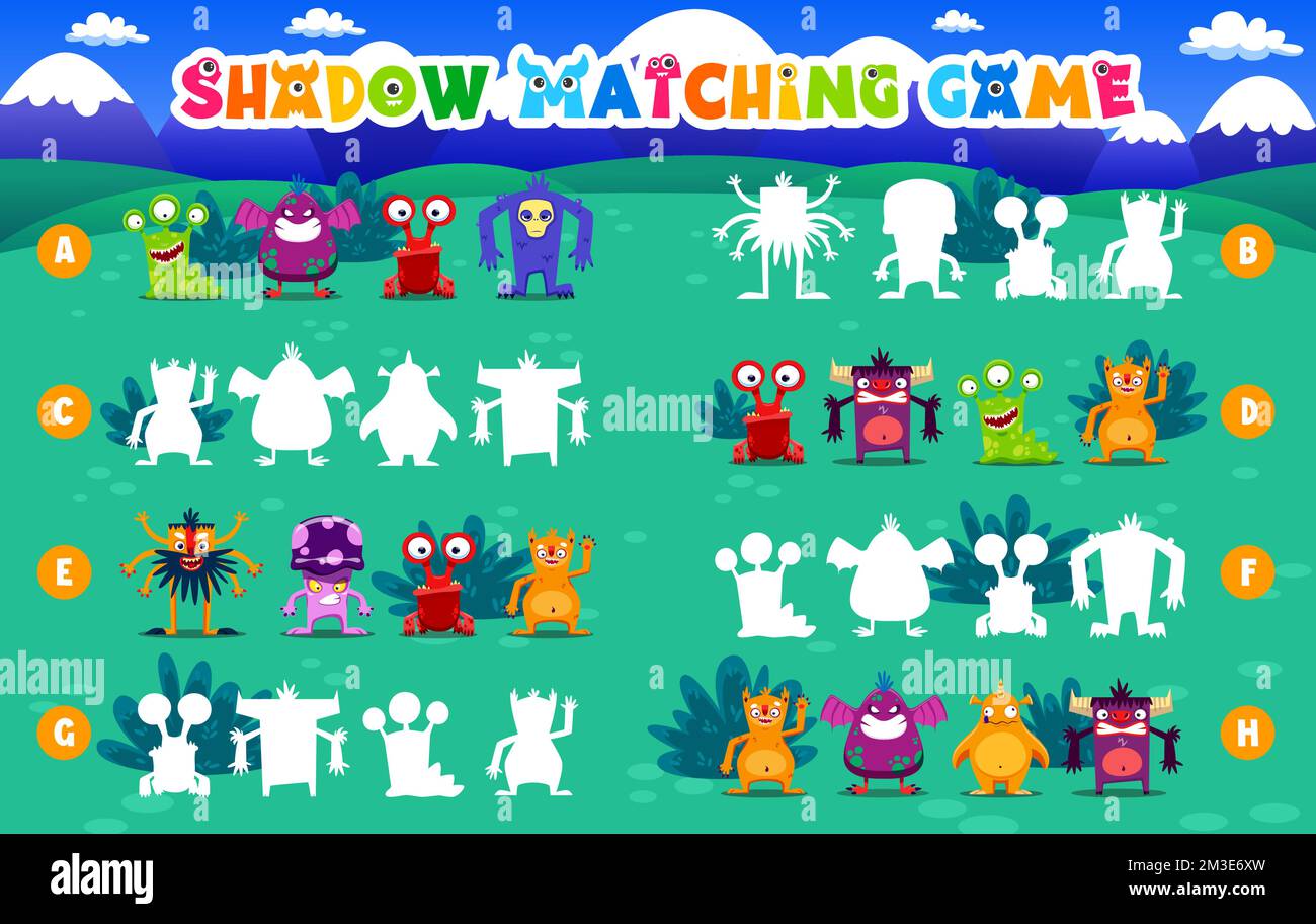 Shadow match game monster characters. Find the correct shade of cartoon ...