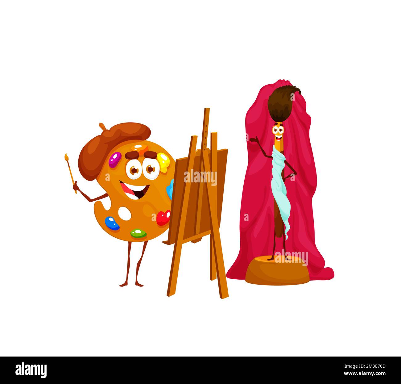 Cartoon brush and color palette characters. Back to school or art hobby ...