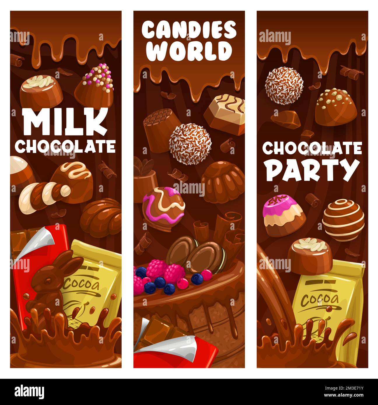 Milk chocolate, praline and fudge candy. Souffle, truffle and jelly ...