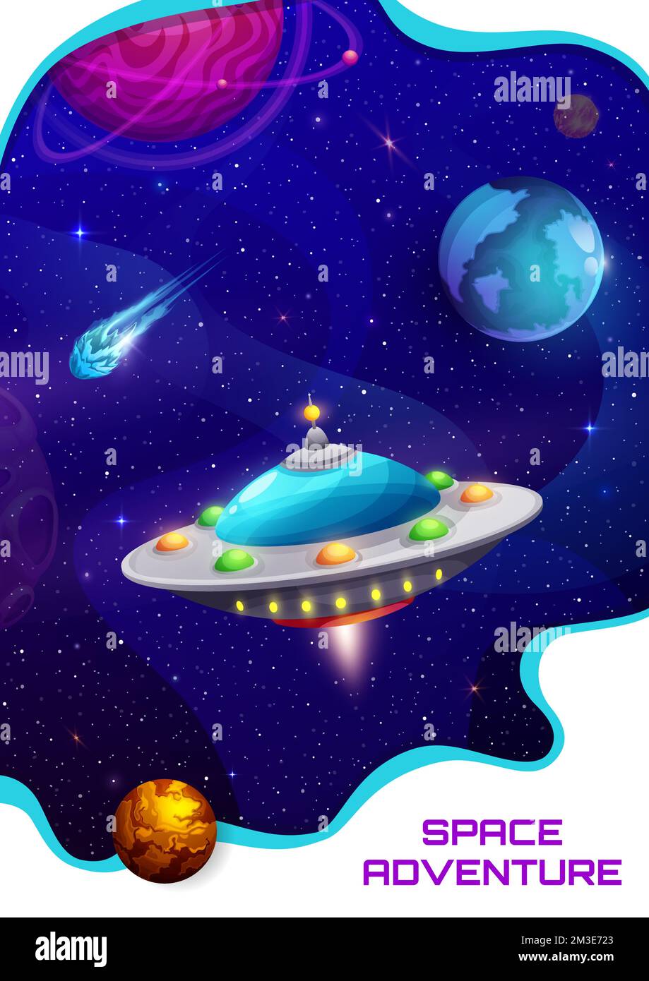 Cartoon alien space UFO in starry universe. Space adventure vertical ...