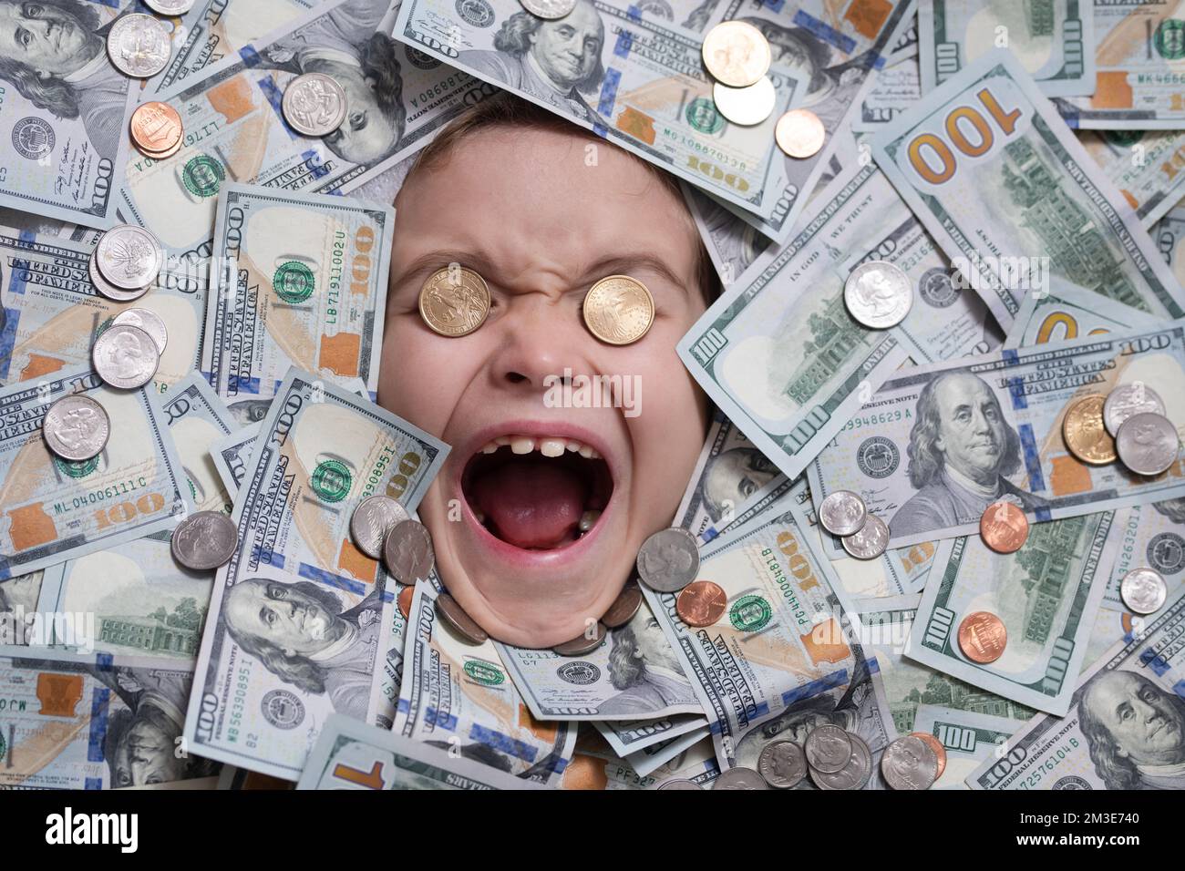 Winner money. Money win, big luck. Kids head in money. Fun kid face on ...
