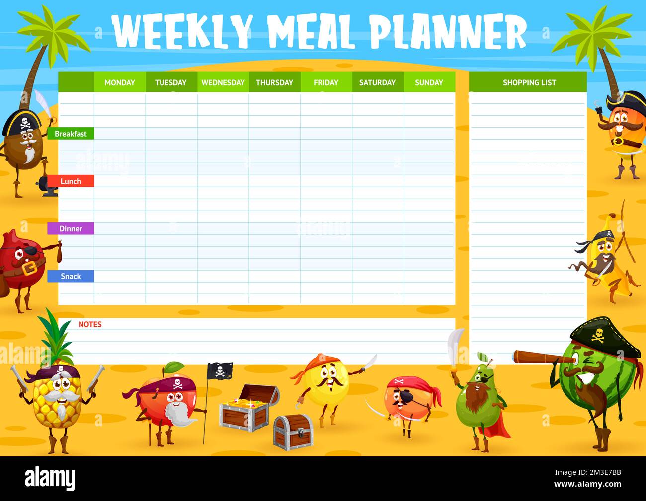 Cartoon fruit pirates and corsairs on treasure island. Weekly meal ...