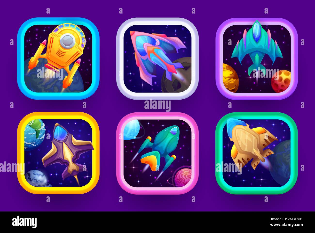 Cartoon space game app icons with starships. Vector set ui or gui menu elements for application ...