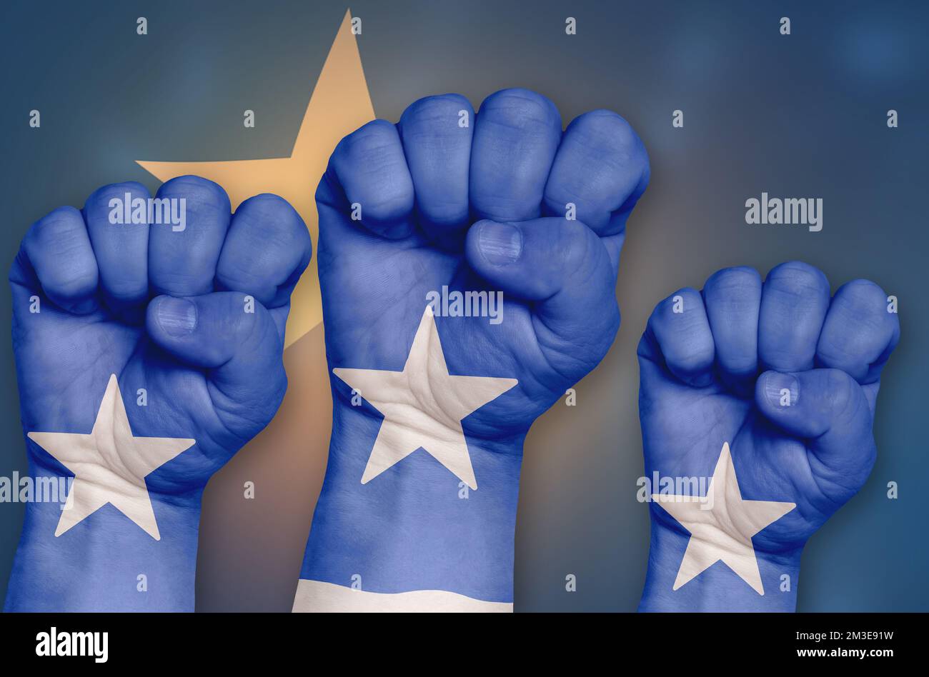 The Somalia flag is drawn on a clenched fist and in the background. The ...
