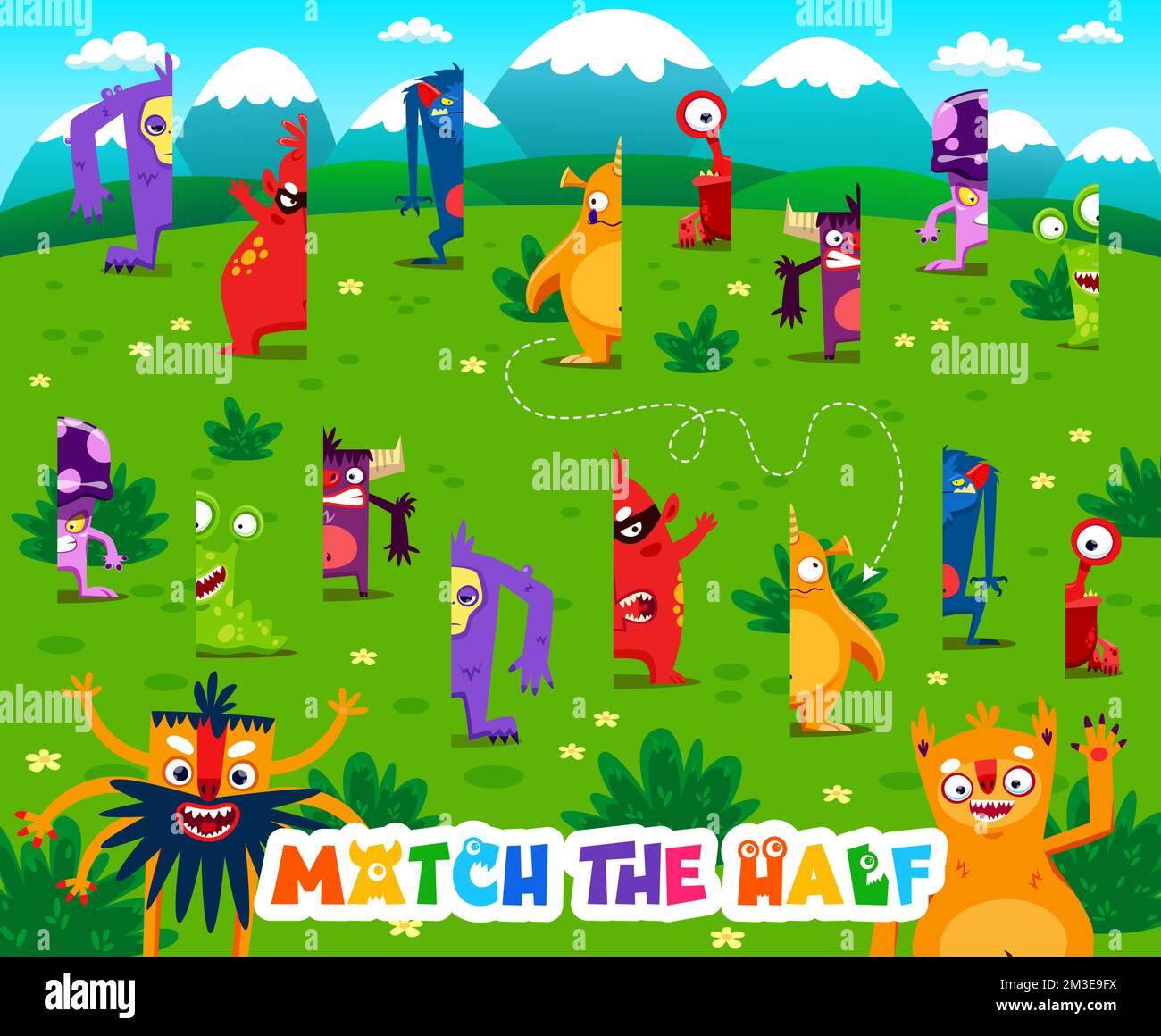 Match the half of cartoon monster characters. Vector game worksheet ...