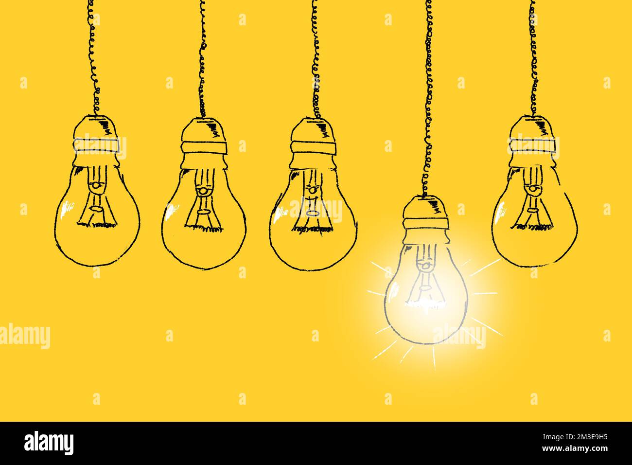 Set of light bulbs hand drawn on a yellow background. Concept of unique ...