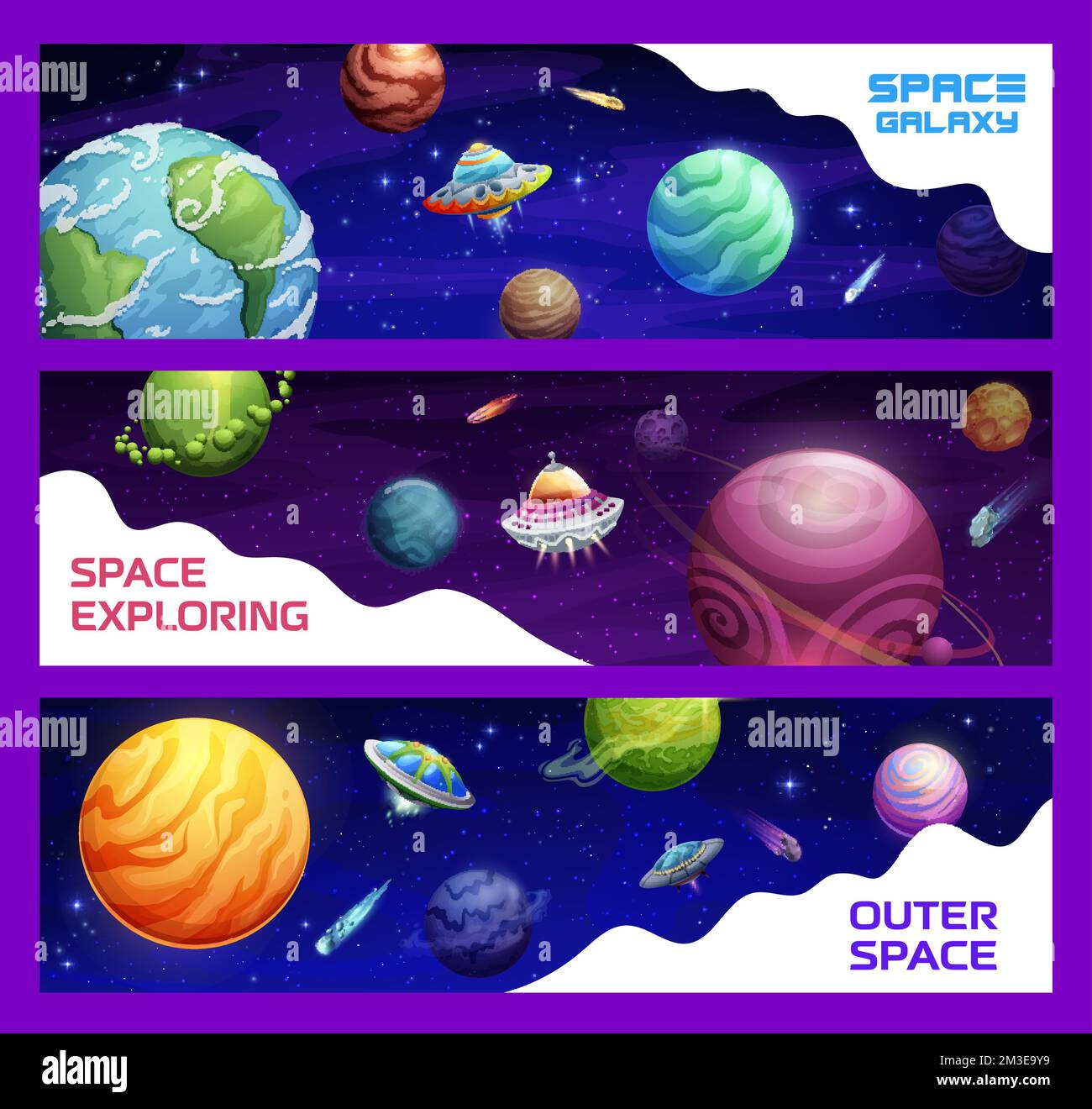 Cartoon space planets and ufo. Vector banners with alien saucers in galaxy. Funny background ...