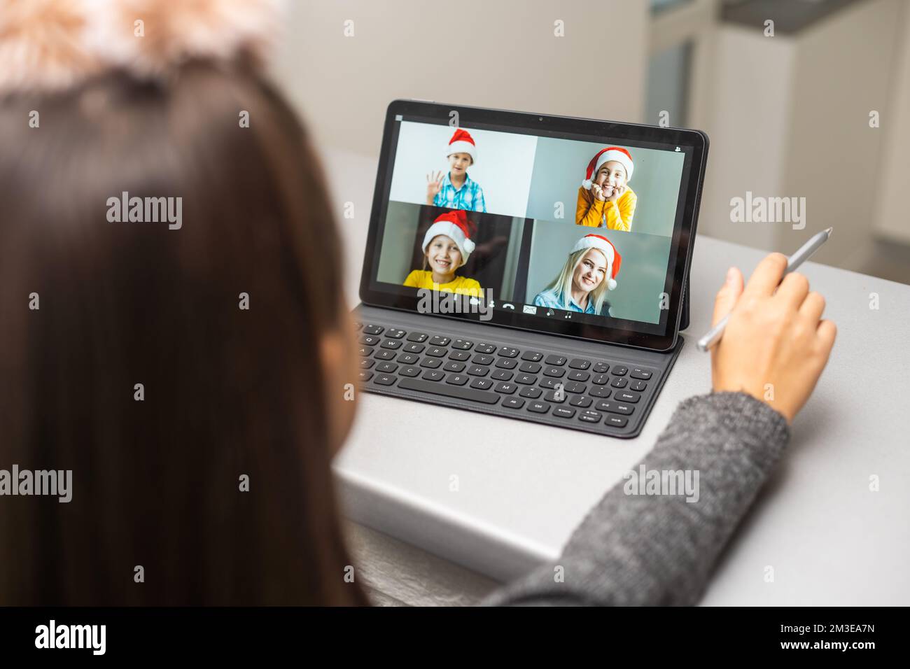 Happy smiling arab indian girl student watching learning online video ...