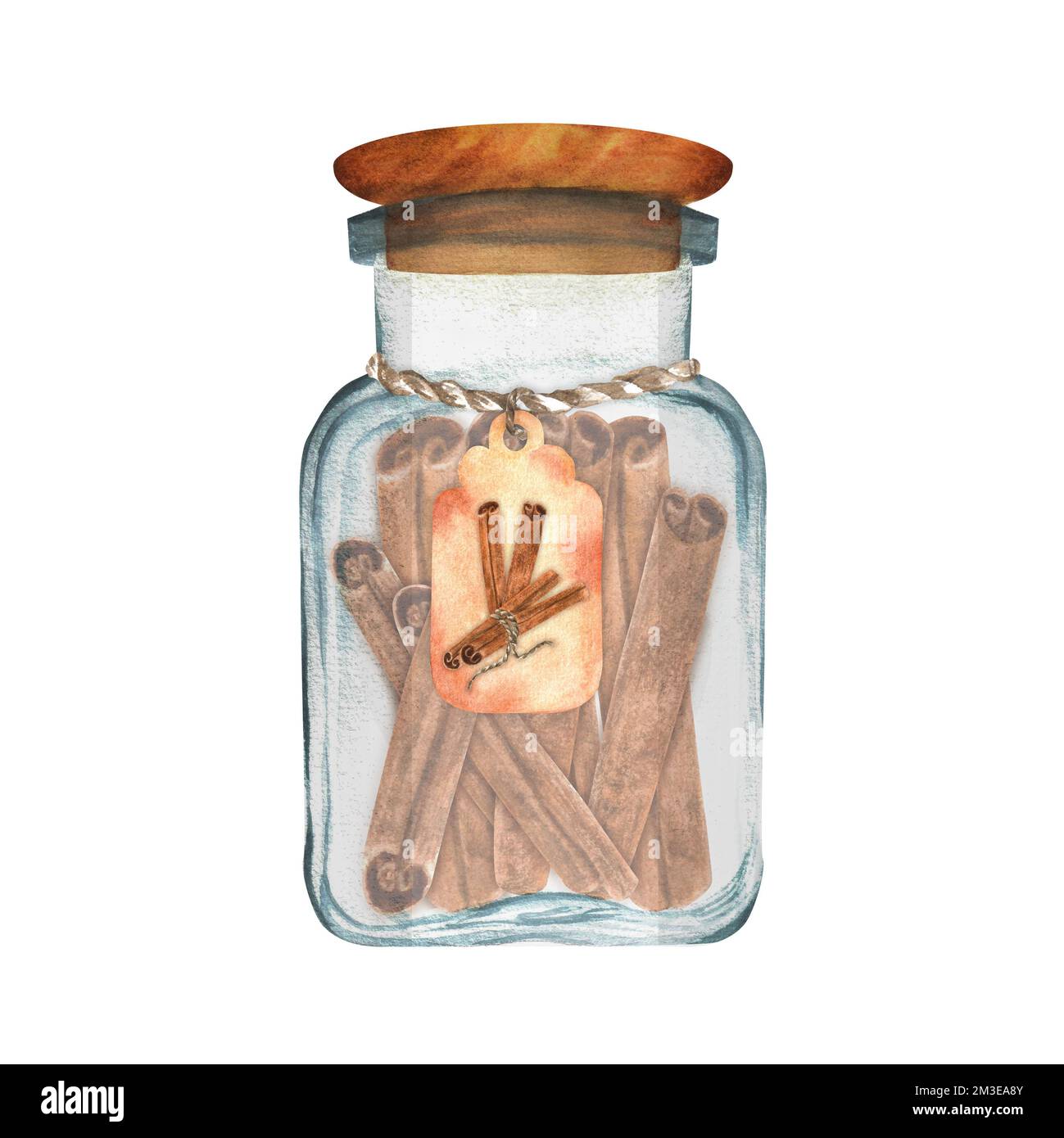 Hand-drawn watercolor glass jar with cinnamon spice. This is a part of ...