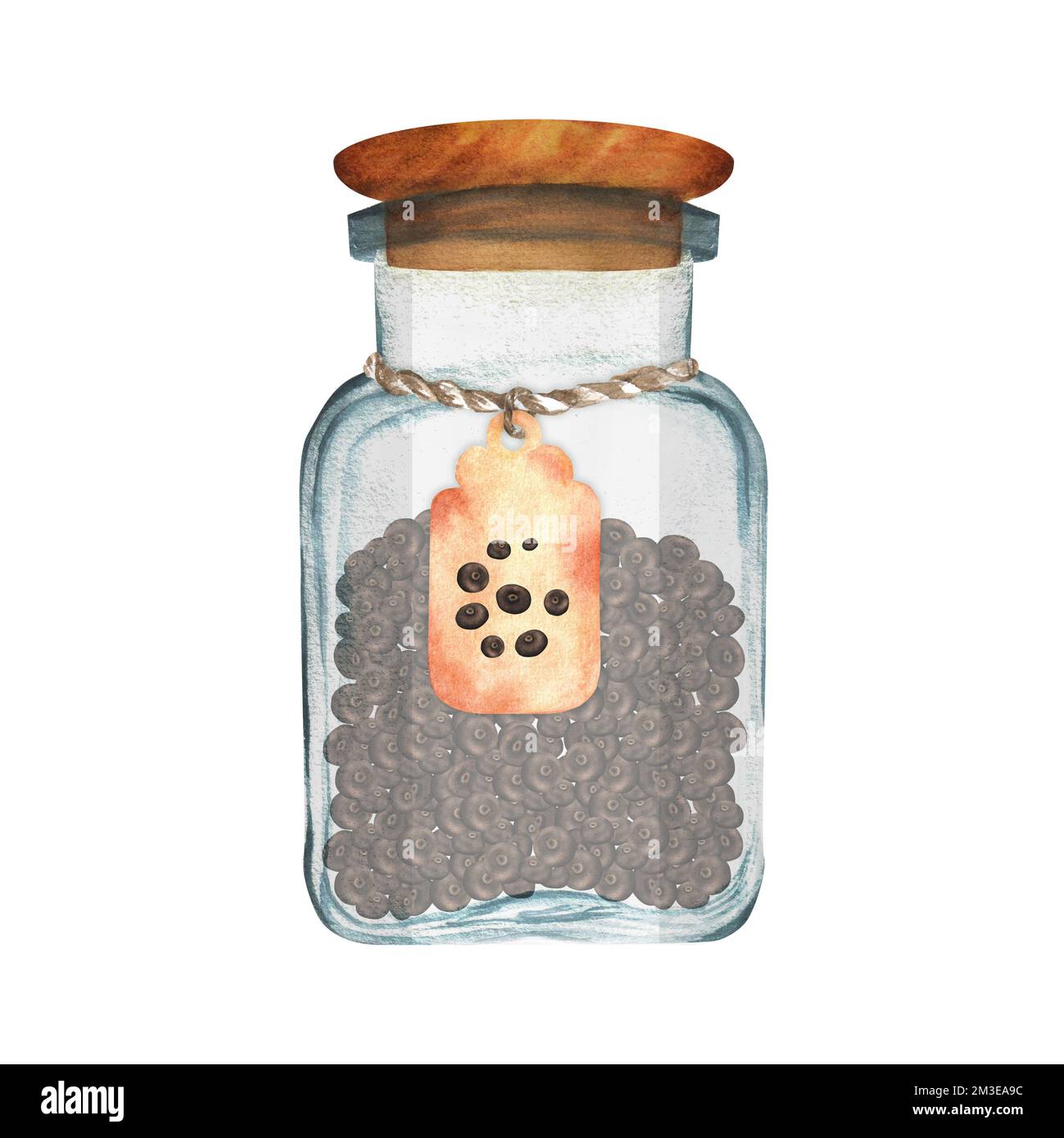 Hand-drawn watercolor glass jar with fragrant pepper spice. This is a ...