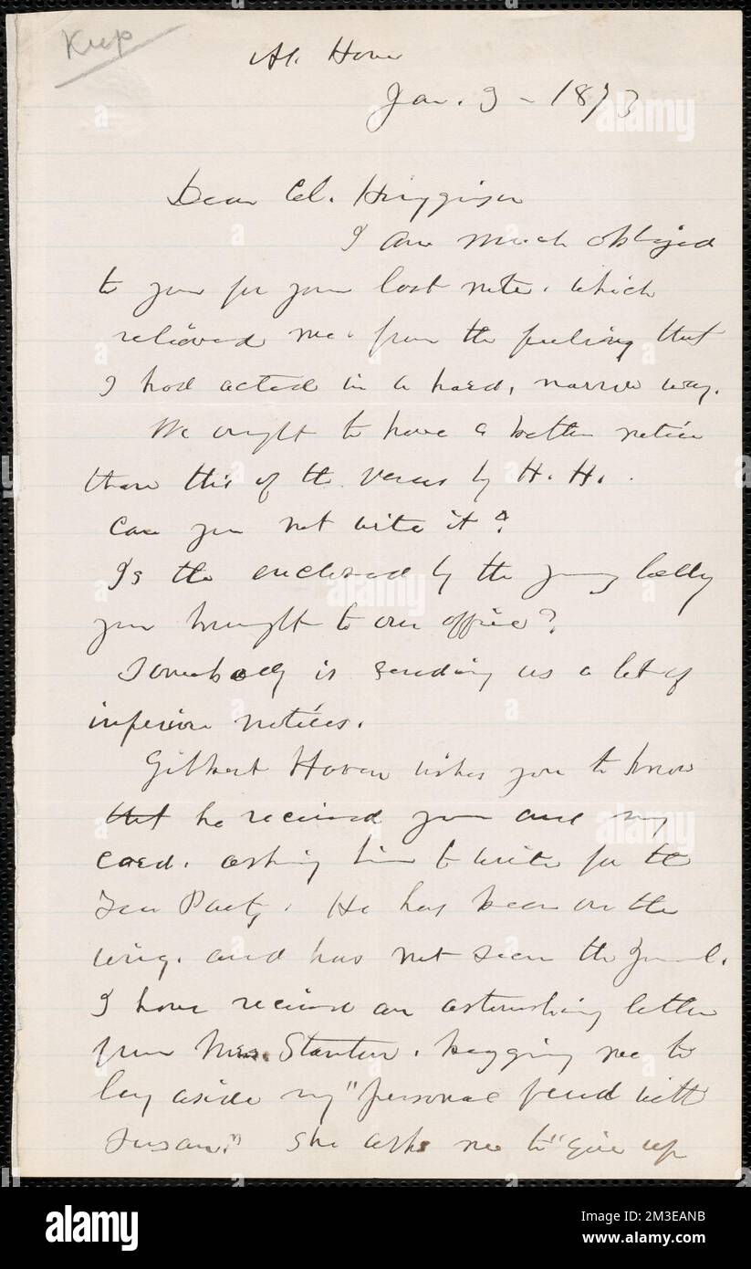 Lucy Stone autograph letter signed to Thomas Wentworth Higginson, 3 ...