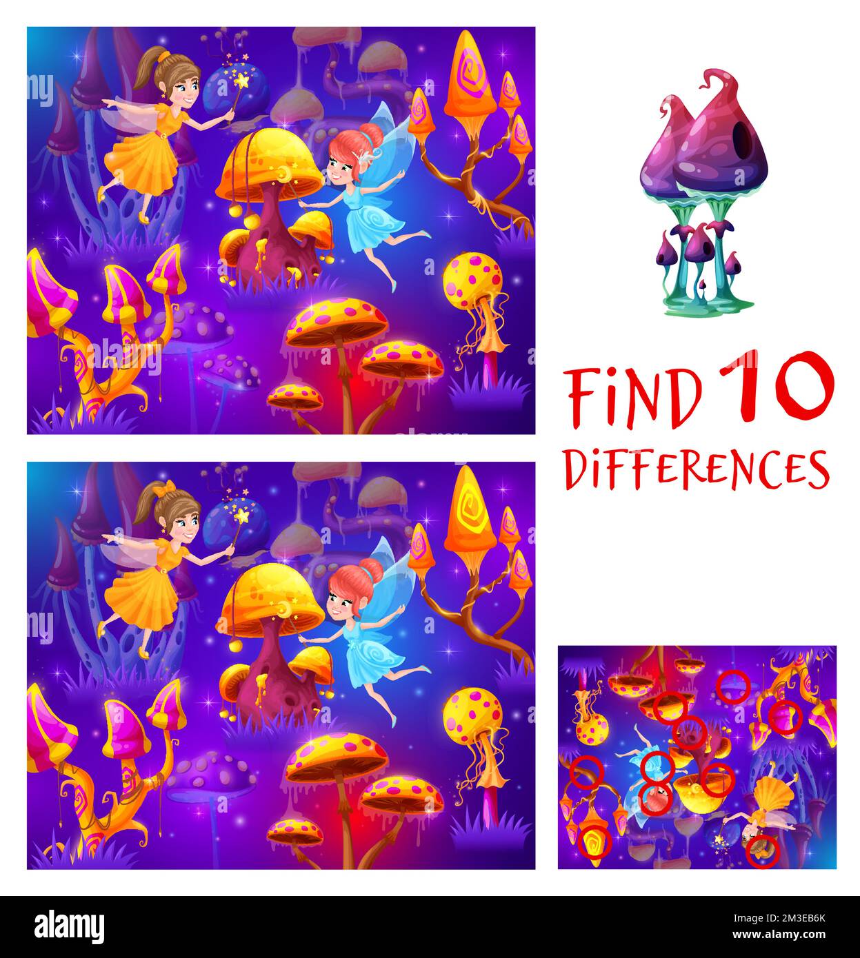 Fairy and magic luminous mushrooms in forest, find ten differences ...