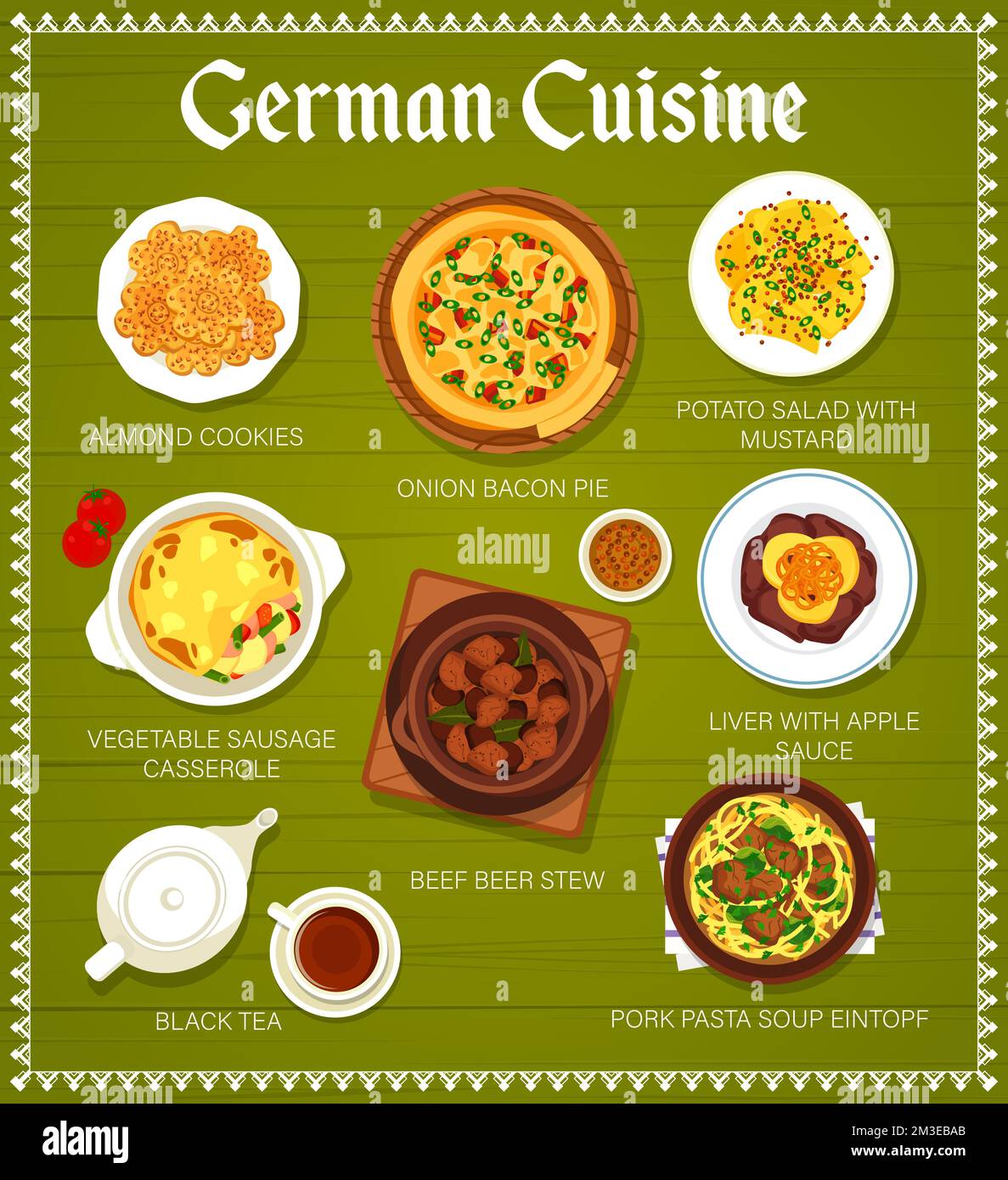 German cuisine menu template. Potato salad with mustard, almond cookies ...