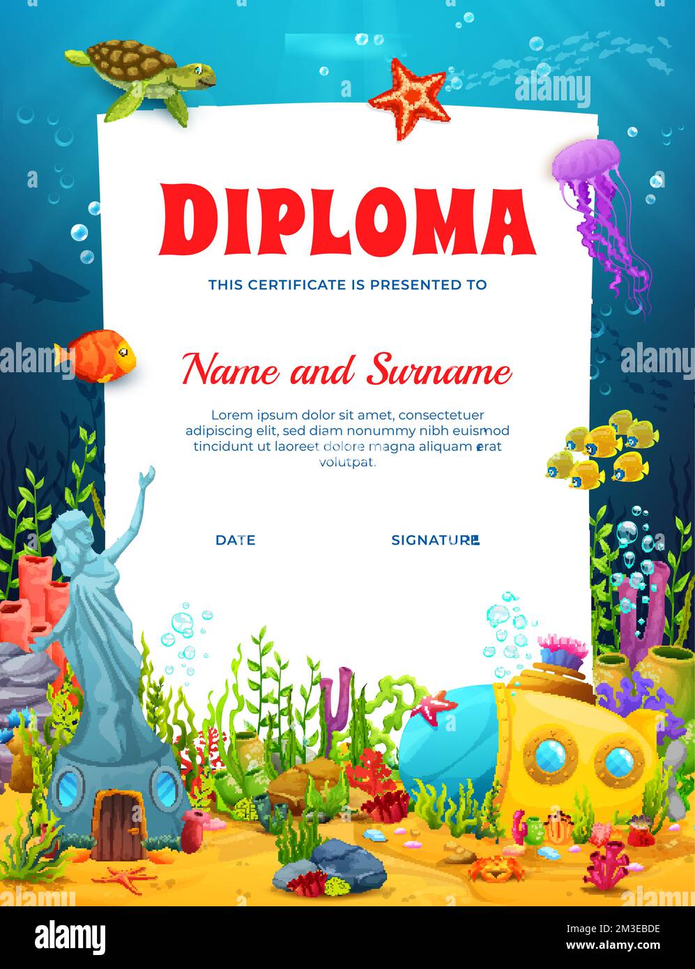 Kids diploma. underwater landscape with fairytale house buildings ...