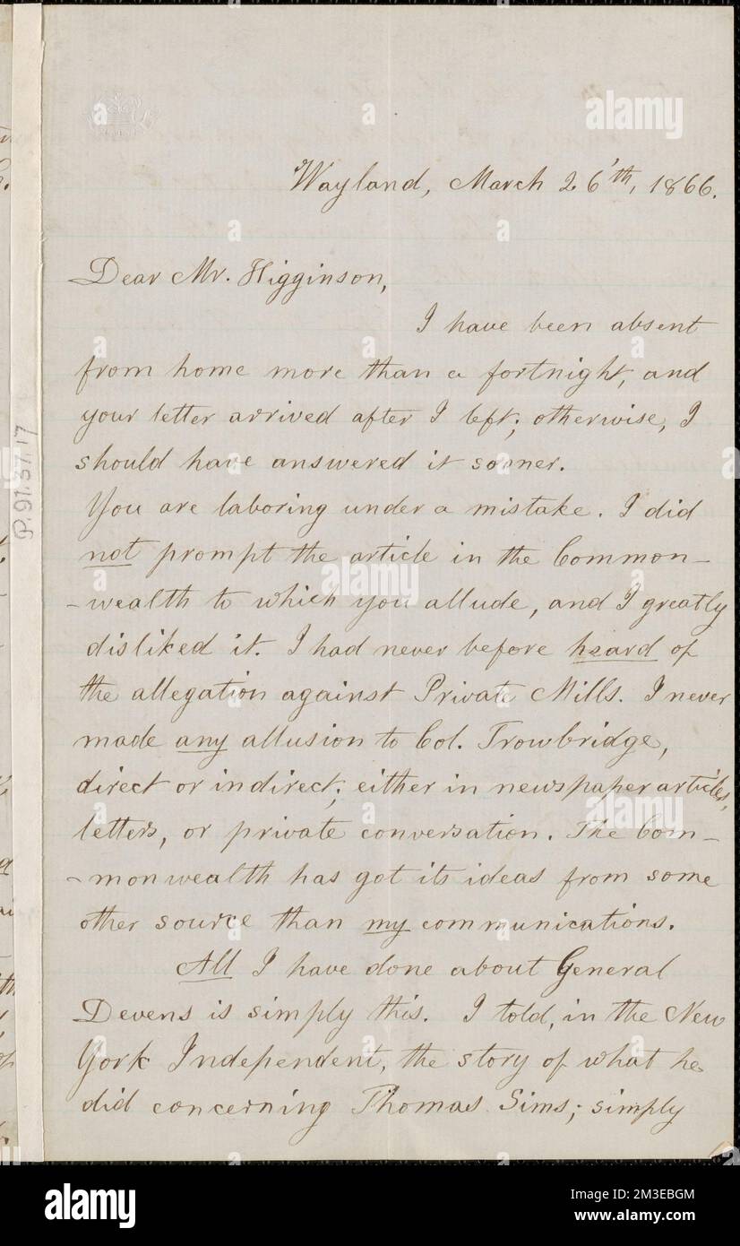 Lydia Maria Child autograph letter signed to Thomas Wentworth Higginson ...