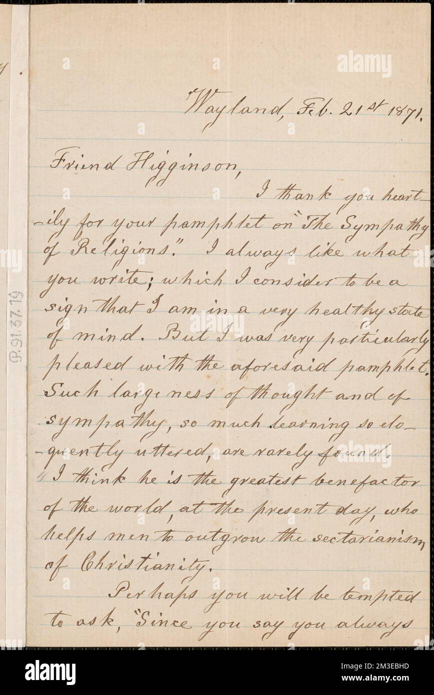 Lydia Maria Child autograph letter signed to Thomas Wentworth Higginson ...