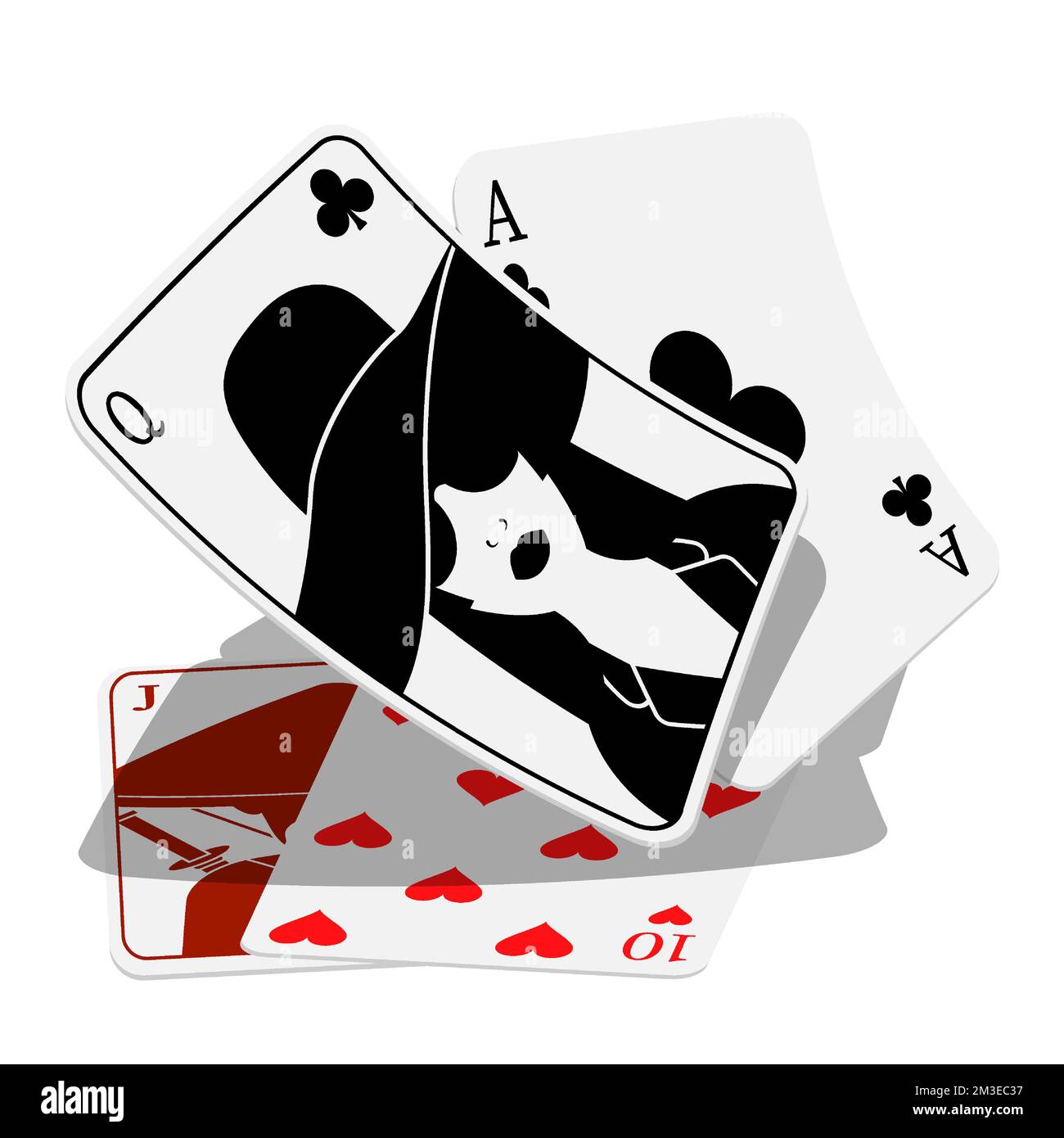 Pair of playing cards, queen of clubs and ace, beat weak pair of jack ...