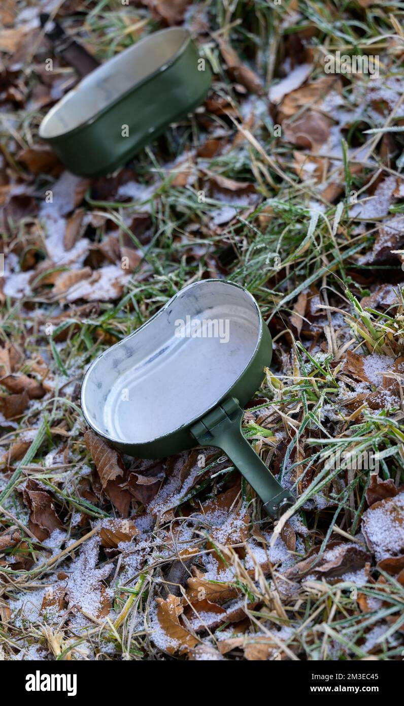 Hohnstorf, Germany. 13th Dec, 2022. A German Army cooking utensil lies ...