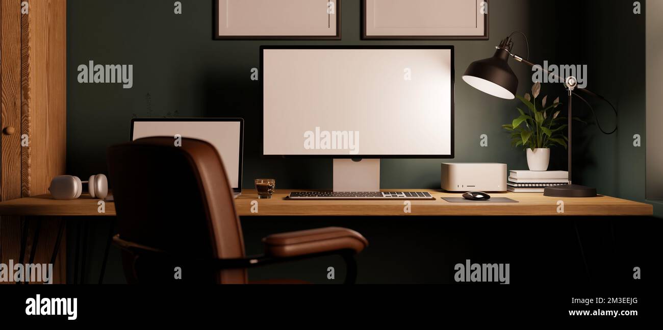 Modern stylish workstation with PC desktop computer mockup, table lamp ...