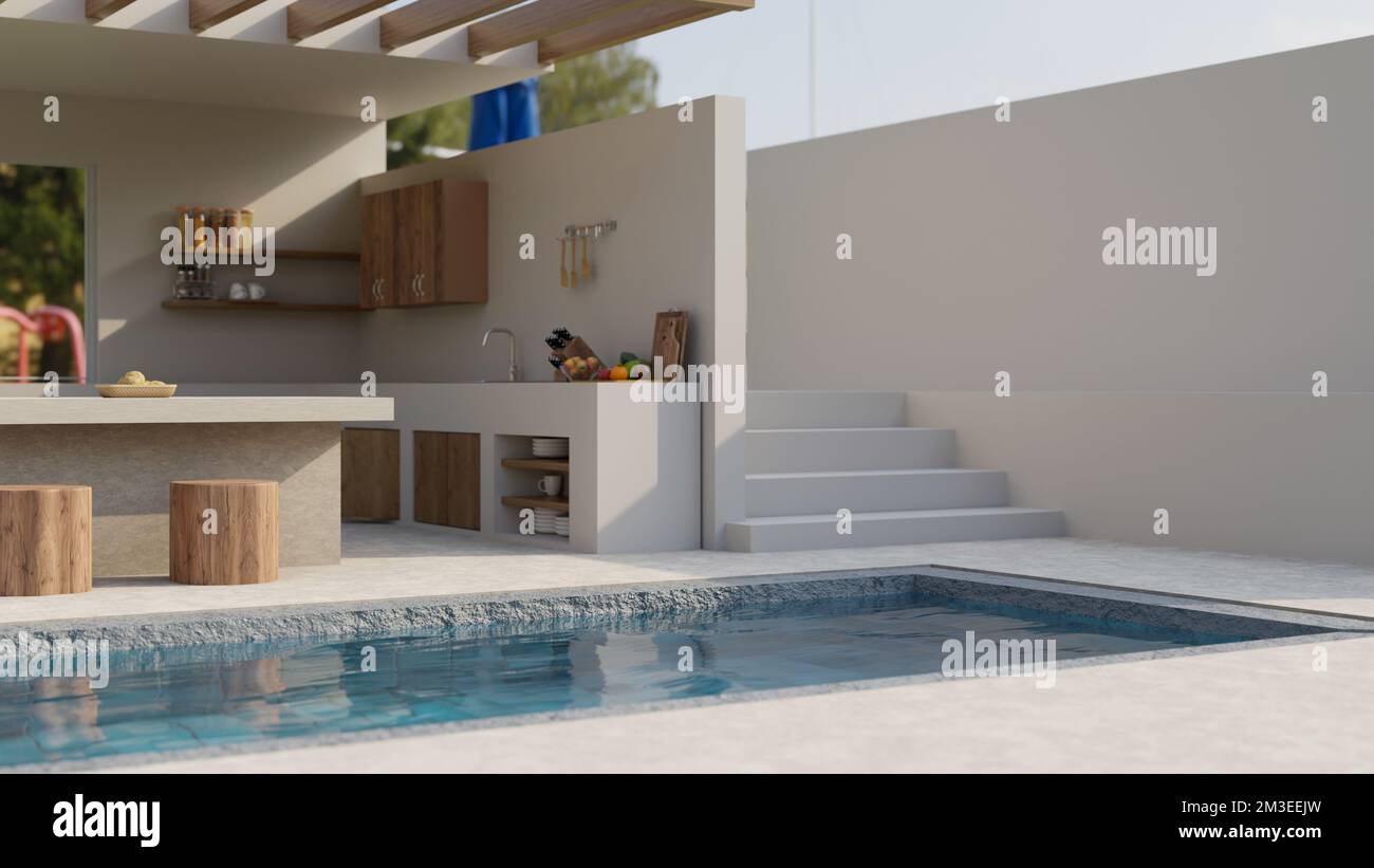 Beautiful pool villa exterior design with large swimming pool, outdoor ...