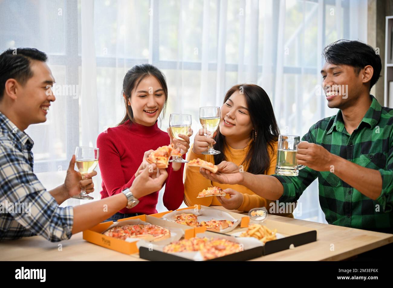 Group of diversity Asian friends enjoy talking, having fun, drinking ...