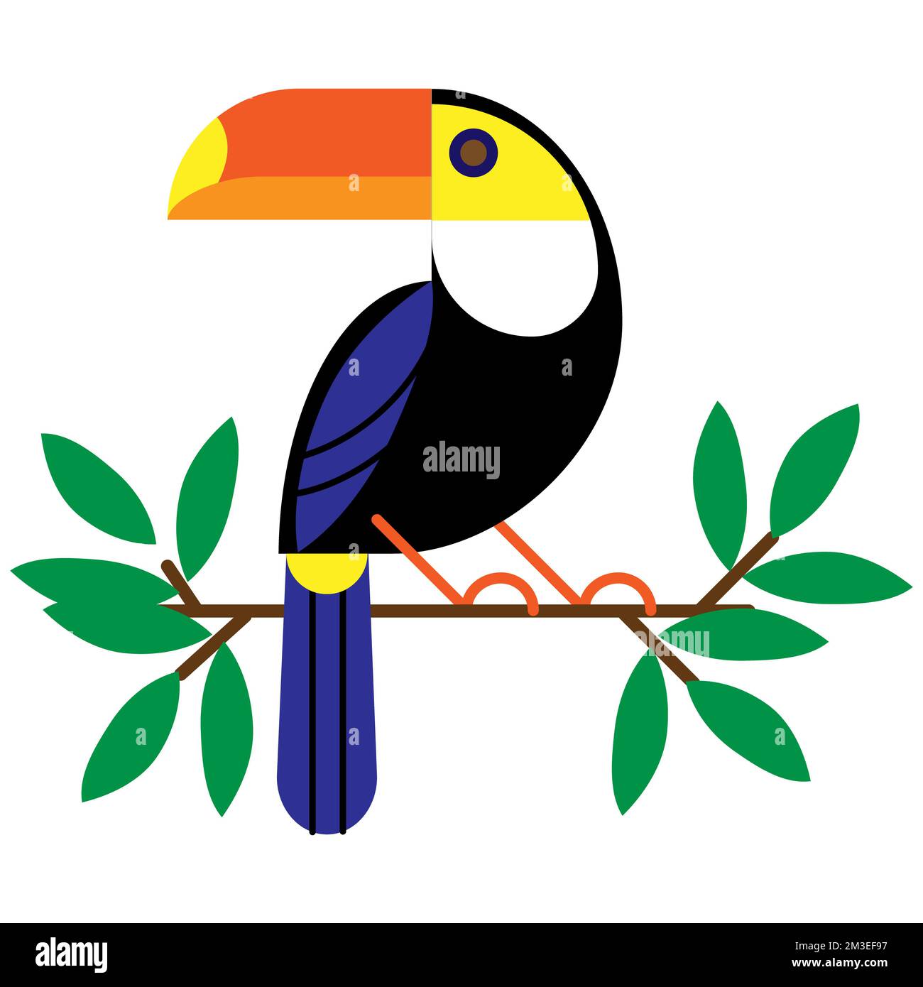 Vector illustration with tropical leaves and bird toucan on a branch ...