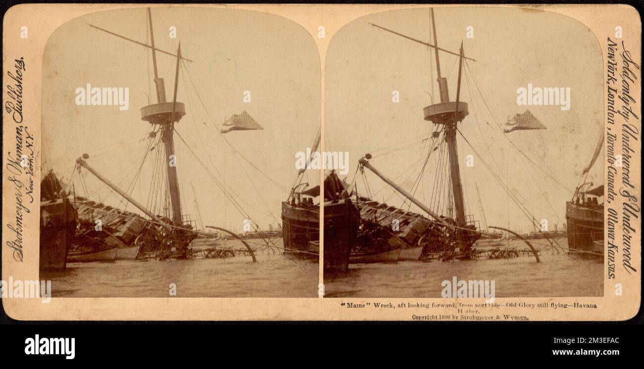 'Maine' wreck, aft looking forward, from port side - Old Glory still ...