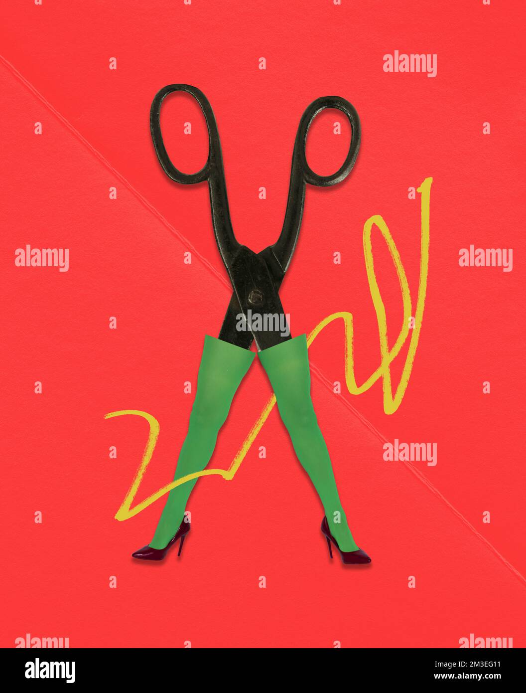 Contemporary art collage. Creative design. Female legs on heels in ...