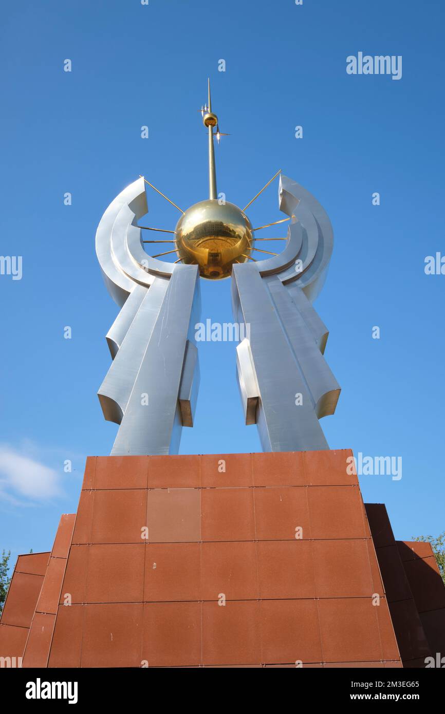 A weird Soviet, Russian space orb sculpture in Akiim park. It has been ...