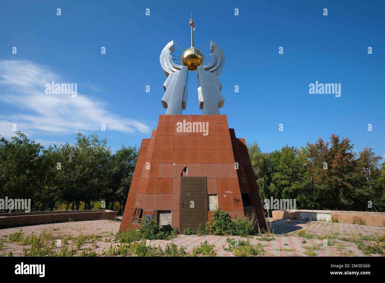 A weird Soviet, Russian space orb sculpture in Akiim park. It has been ...