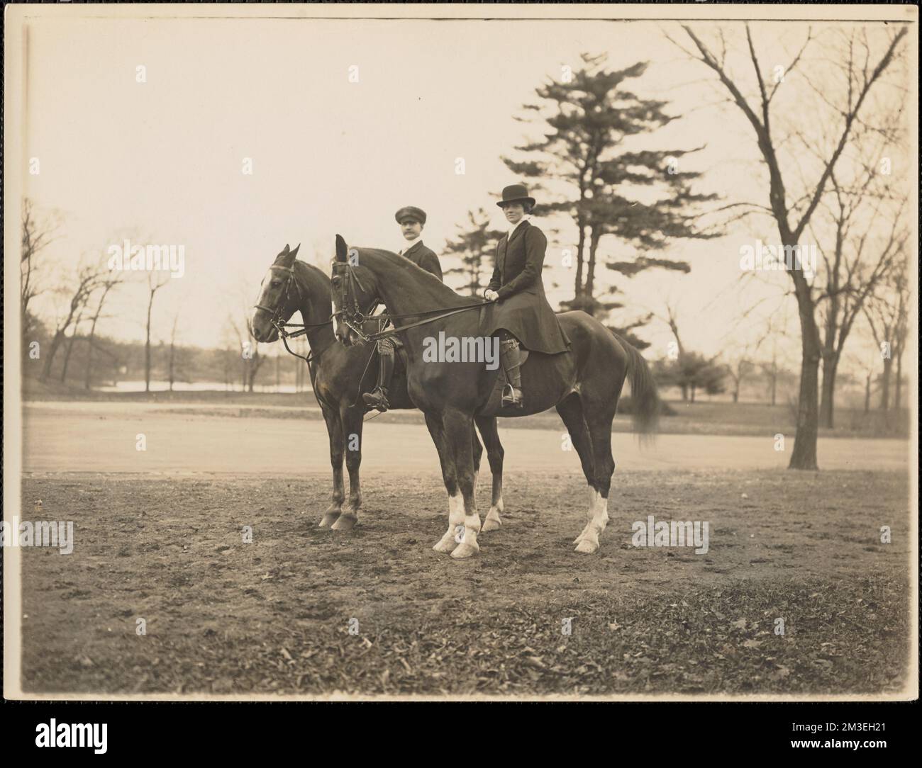 Man and woman sitting astride horses , Horses, Horseback riding. Leon ...