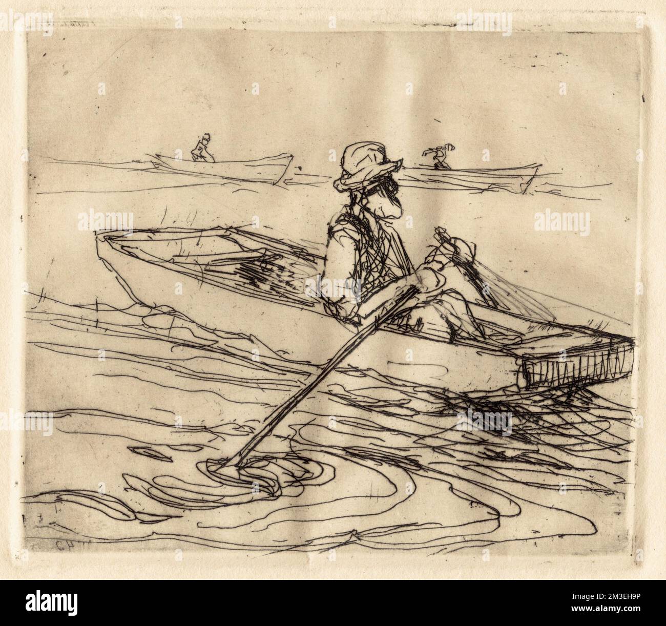 Man in punt (with beard) , Seas, Boats, Rowing. Charles H. Woodbury ...