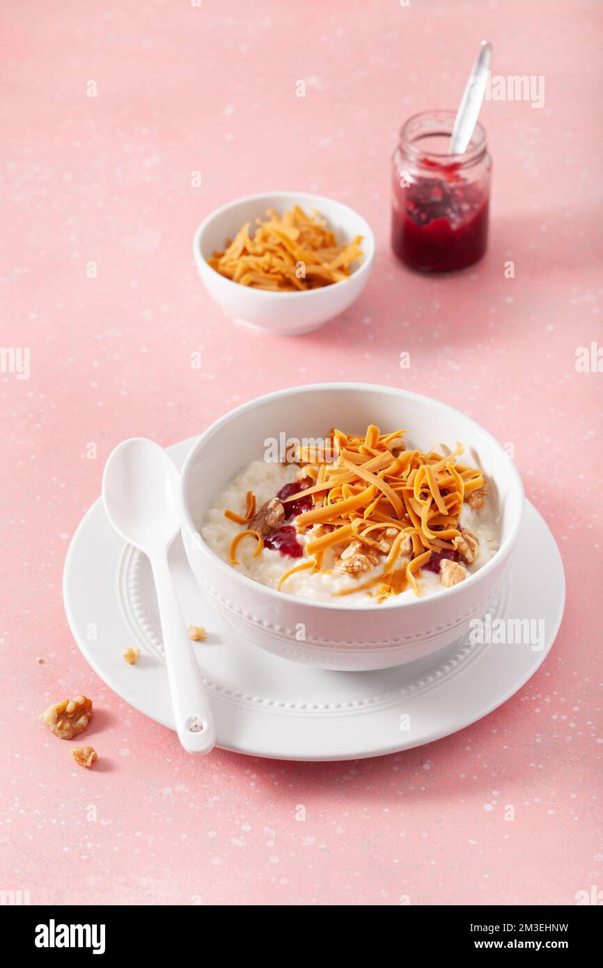 rice pudding with Norwegian brunost traditional brown cheese and ...