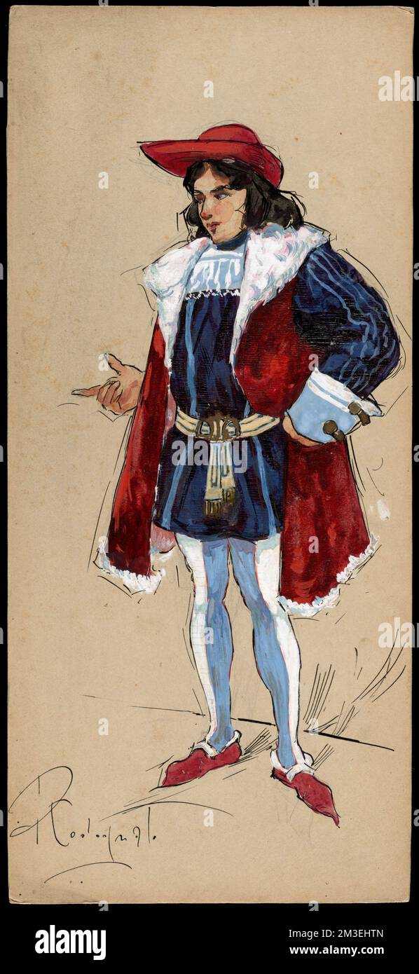 A man stands with a finger pointed, wearing a red hat, blue doublet and ...