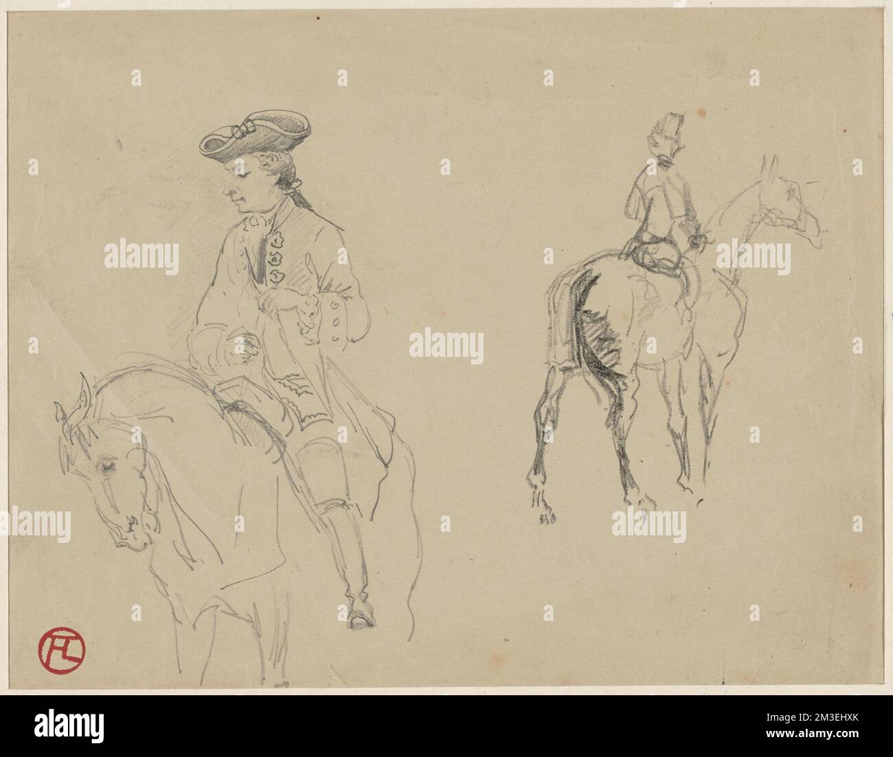 Man wearing tricorn & 18th-century-style coat on horseback and rear ...